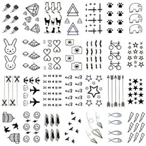 oottati 30 sheets small cute temporary tattoos kit - black foot print camera elephant star diamond cross bird cat for kids women men