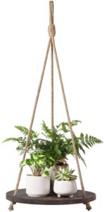 dahey hanging plant shelf round wood rope hanging floating shelf vintage home decor display planter rack for living room bedroom kitchen, dark brown