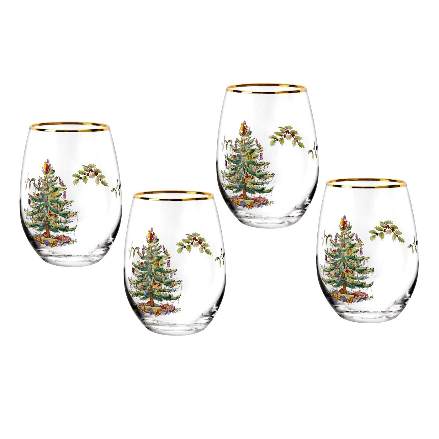 Spode Christmas Tree Glassware - Set of 4 -Made of Glass – Gold Rim- Classic Drinkware - Gift for Christmas, Holidays, or Wedding - Drinking Glasses (Stemless Wine Glasses)