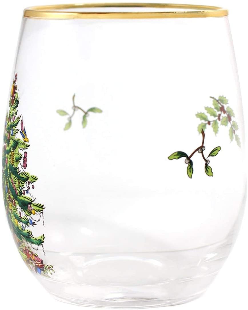 Spode Christmas Tree Glassware - Set of 4 -Made of Glass – Gold Rim- Classic Drinkware - Gift for Christmas, Holidays, or Wedding - Drinking Glasses (Stemless Wine Glasses)