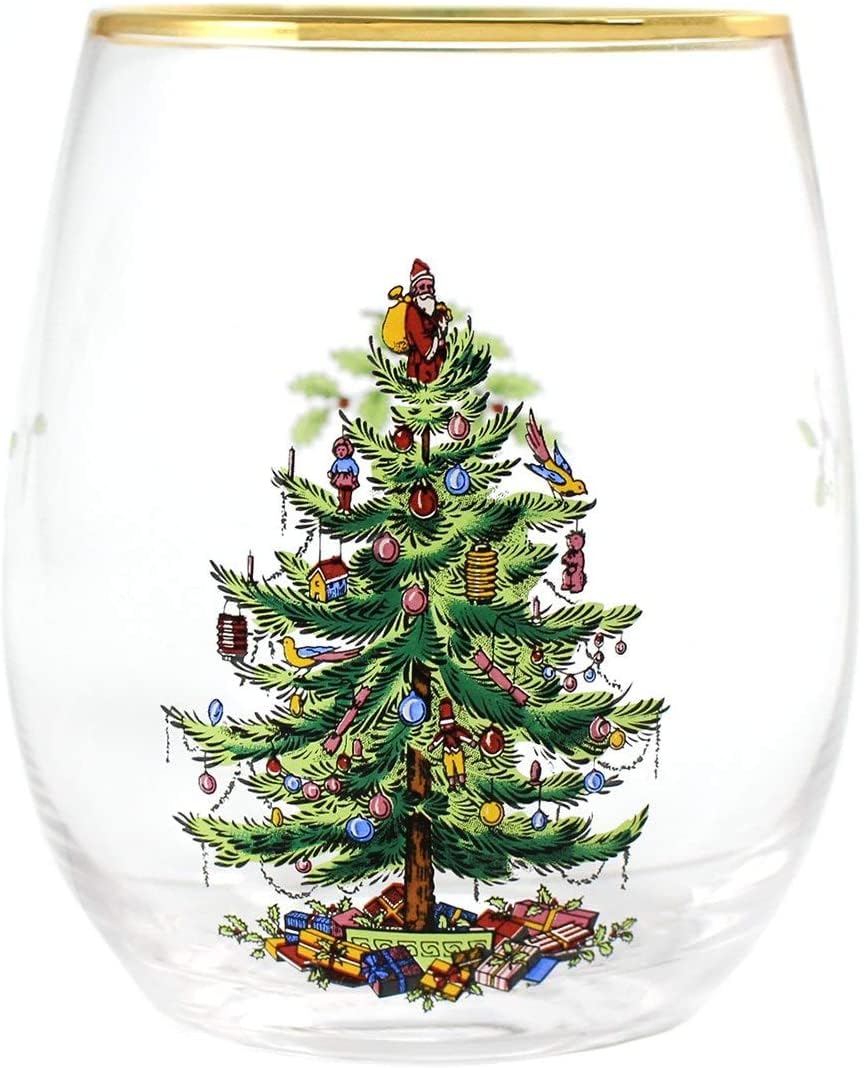 Spode Christmas Tree Glassware - Set of 4 -Made of Glass – Gold Rim- Classic Drinkware - Gift for Christmas, Holidays, or Wedding - Drinking Glasses (Stemless Wine Glasses)