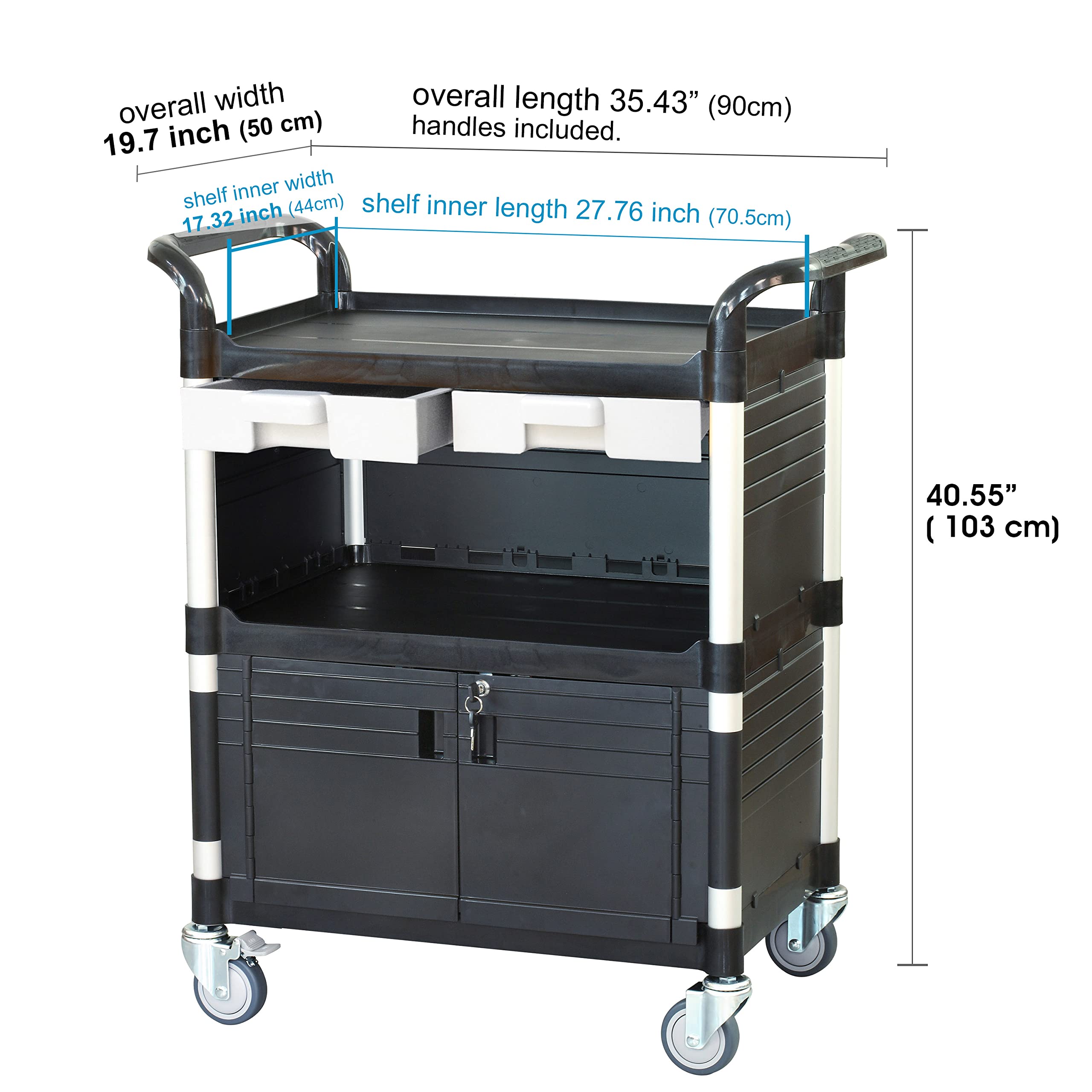 JaboEquip 3 Tier Heavy Duty Utility Cart Lockable Medical Cart Hospital Cart Lab Cart, 606 lbs Load for Lab Hospital Office, JB-3KD1, Black