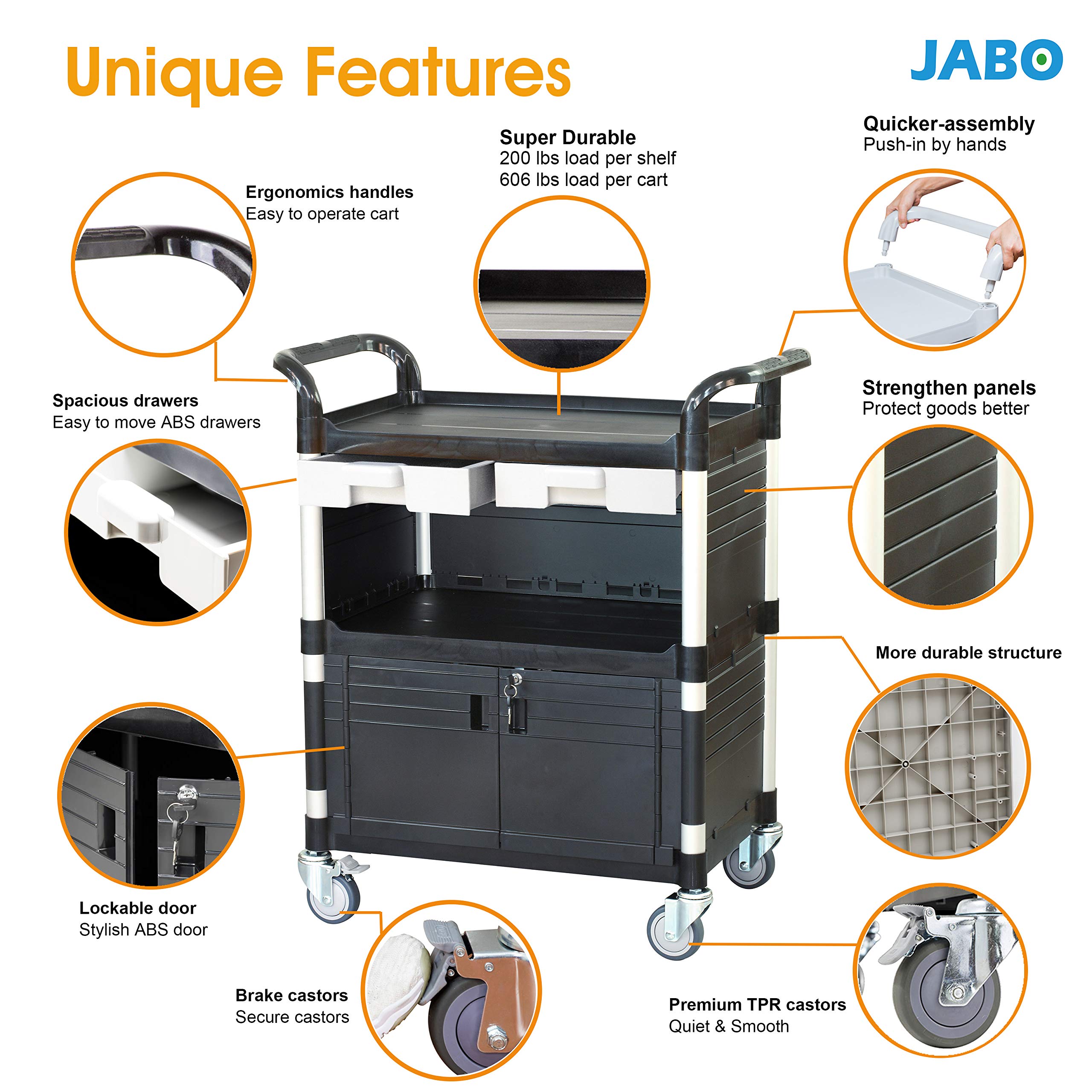 JaboEquip 3 Tier Heavy Duty Utility Cart Lockable Medical Cart Hospital Cart Lab Cart, 606 lbs Load for Lab Hospital Office, JB-3KD1, Black