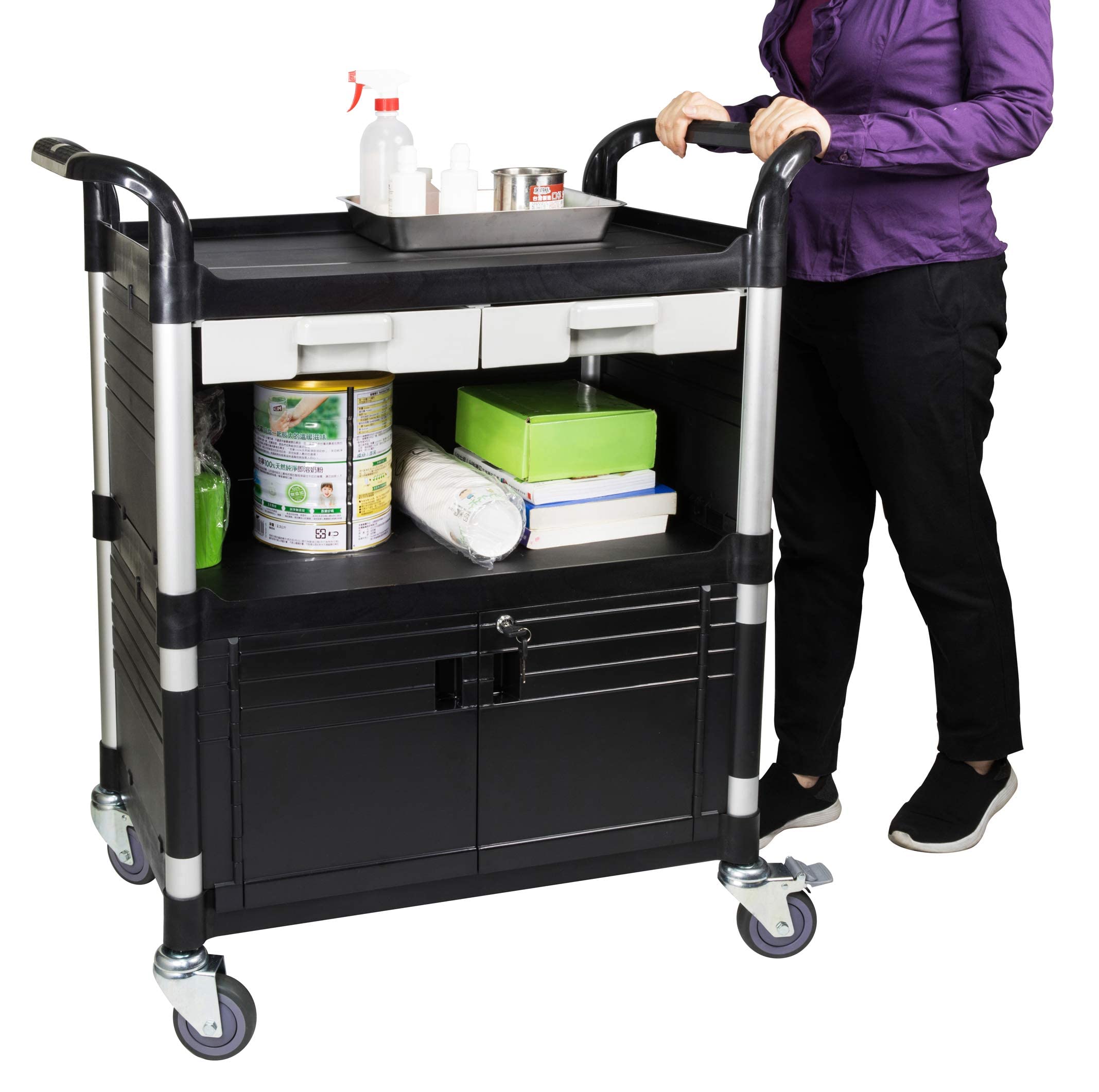 JaboEquip 3 Tier Heavy Duty Utility Cart Lockable Medical Cart Hospital Cart Lab Cart, 606 lbs Load for Lab Hospital Office, JB-3KD1, Black