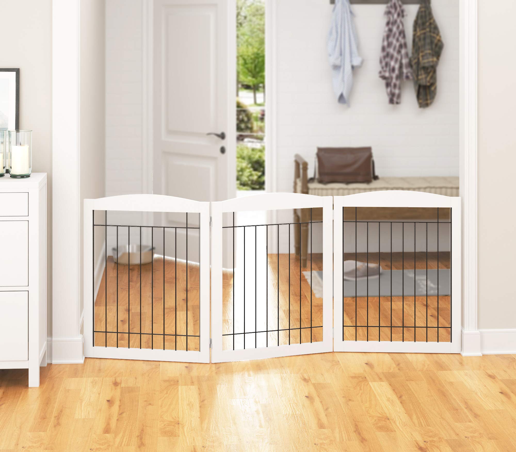 PAWLAND Extra Wide Dog gate for The House, Doorway, Stairs, Freestanding Foldable Wire Pet Gate, Pet Puppy Safety Fence, 30" Height (White, 3 Panels)