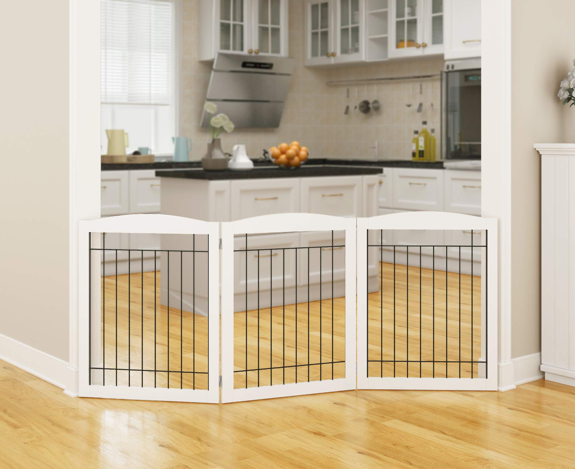 PAWLAND Extra Wide Dog gate for The House, Doorway, Stairs, Freestanding Foldable Wire Pet Gate, Pet Puppy Safety Fence, 30" Height (White, 3 Panels)