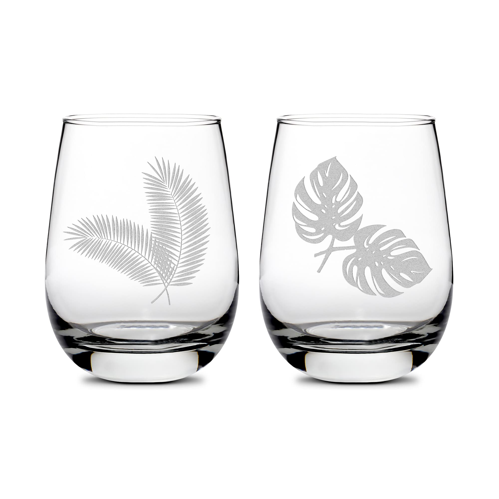 Integrity Bottles Palm Leaves with Monstera Leaves Design, (Set of 2) Stemless Wine Glass, Handmade, Handblown, Hand Etched Gifts, Sand Carved, 16oz