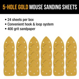 Dura-Gold Premium Mouse Detail Sander Sandpaper Sanding Sheets - 400 Grit (Box of 24) - 5 Hole Pattern Hook & Loop Triangle Mouse Discs - Woodworking Wood, Furniture Crafting, Sand Automotive Paint