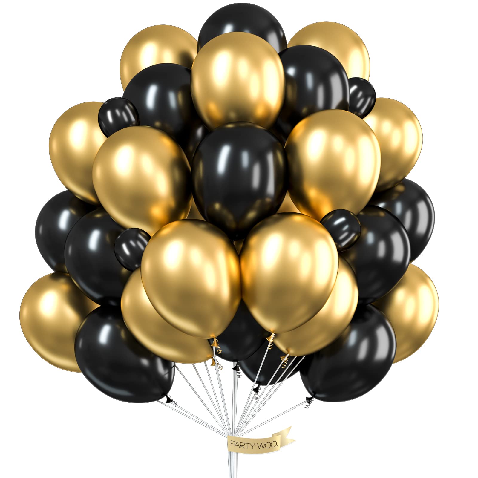 PartyWoo Gold and Black Balloons, 60 pcs of Black Balloons, Gold Metallic Balloons for Black Gold Party Decorations, Hip Hop Party Decorations, Hollywood Party Decorations, Disco Party Decorations