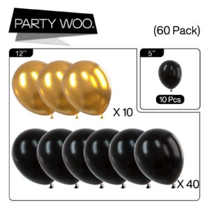 PartyWoo Gold and Black Balloons, 60 pcs of Black Balloons, Gold Metallic Balloons for Black Gold Party Decorations, Hip Hop Party Decorations, Hollywood Party Decorations, Disco Party Decorations