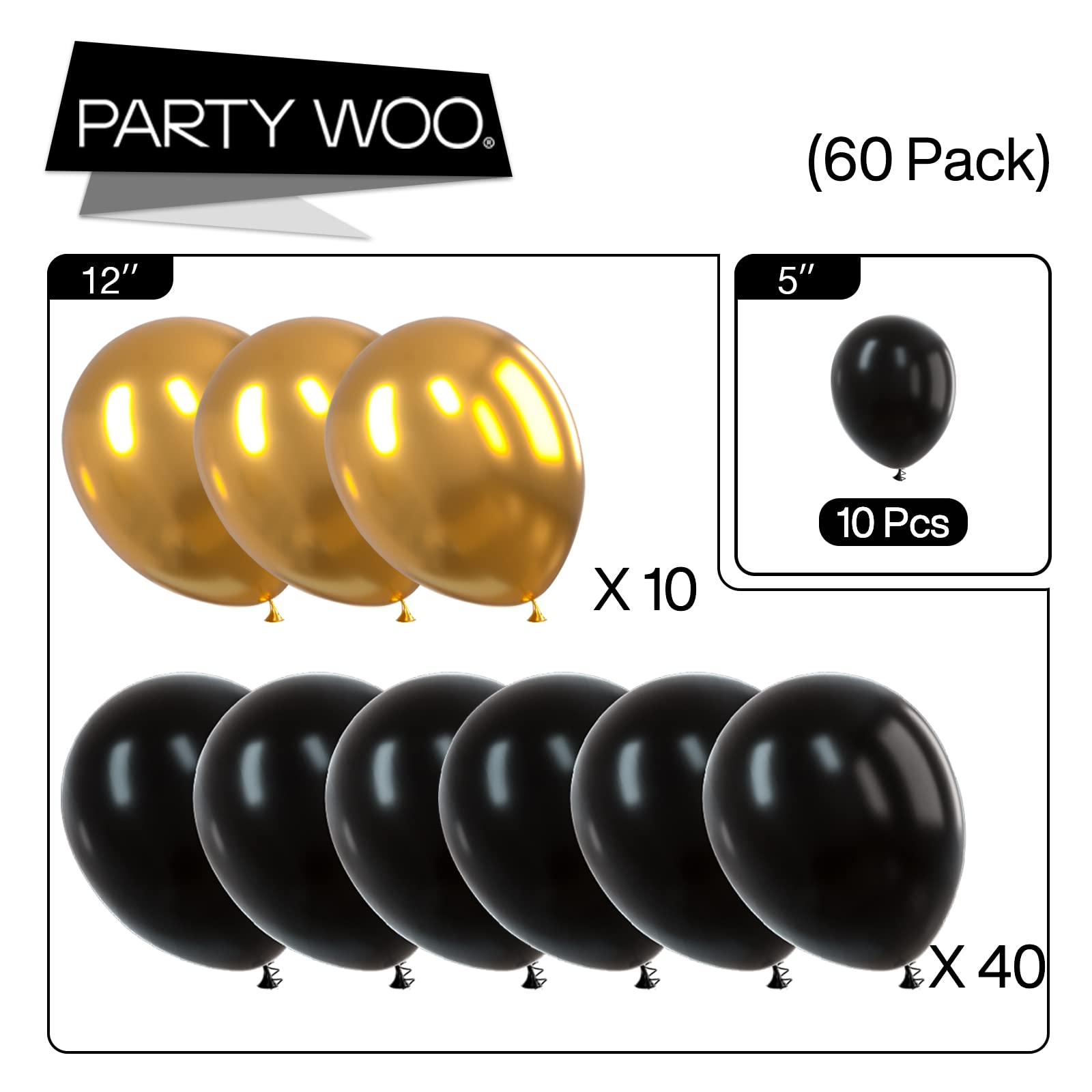 PartyWoo Gold and Black Balloons, 60 pcs of Black Balloons, Gold Metallic Balloons for Black Gold Party Decorations, Hip Hop Party Decorations, Hollywood Party Decorations, Disco Party Decorations