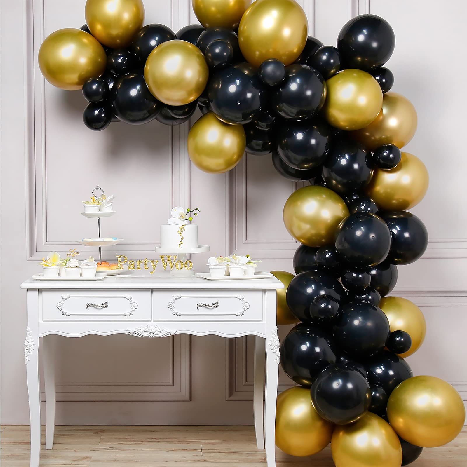 PartyWoo Gold and Black Balloons, 60 pcs of Black Balloons, Gold Metallic Balloons for Black Gold Party Decorations, Hip Hop Party Decorations, Hollywood Party Decorations, Disco Party Decorations