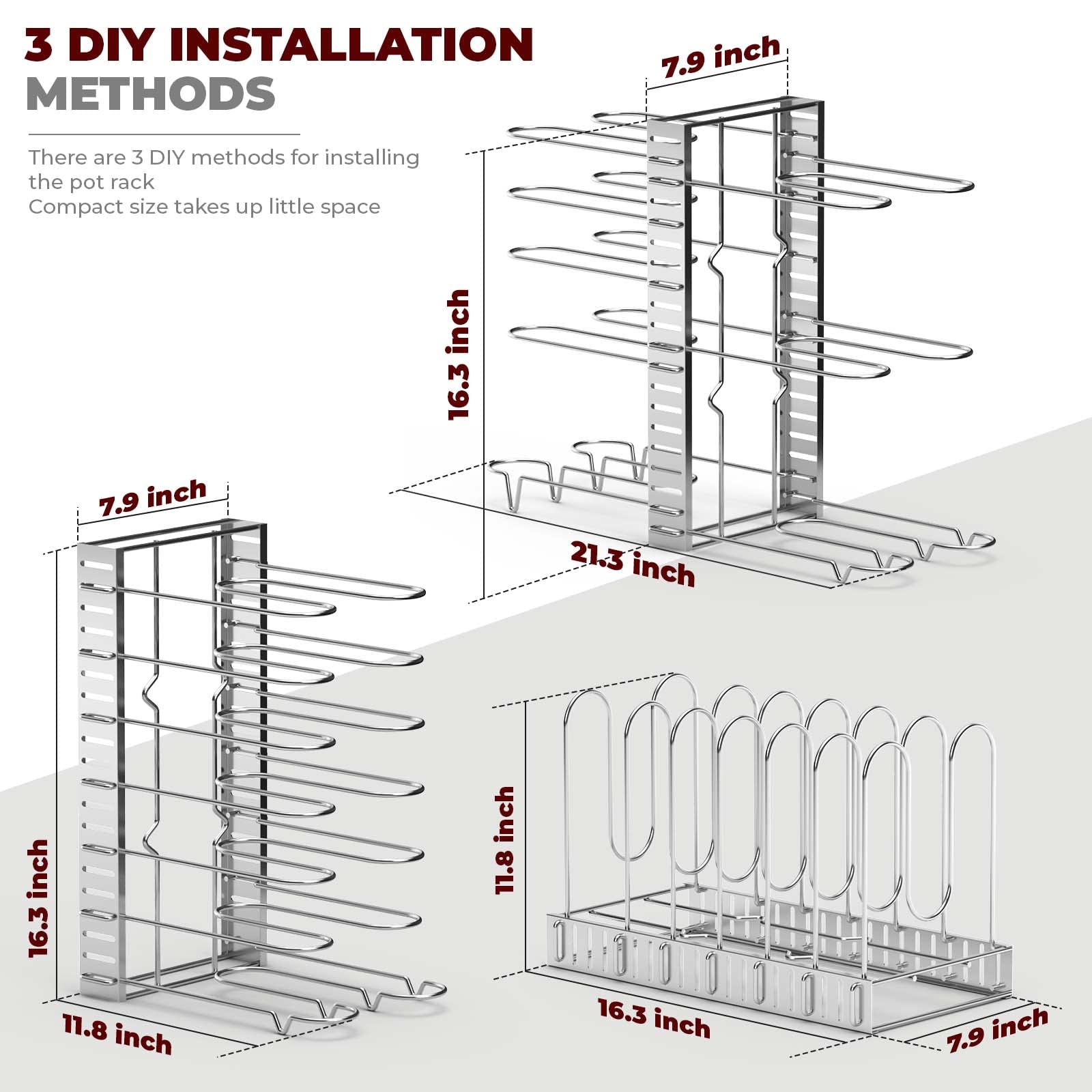 Vdomus Pot Rack Organizer with 3 DIY methods, Pot and Pan Lid Storage for Cabinet kitchen, 8+ Pots and Pan Holder Pot Racks, Adjustable Pot and Pan Rack Lid Holder (Silver)