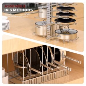 Vdomus Pot Rack Organizer with 3 DIY methods, Pot and Pan Lid Storage for Cabinet kitchen, 8+ Pots and Pan Holder Pot Racks, Adjustable Pot and Pan Rack Lid Holder (Silver)