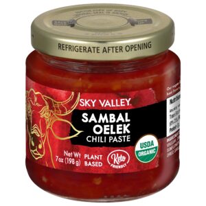 sky valley sambal oelek chili paste - red chili paste, made with red jalapenos & garlic, gluten free, vegan, keto, usda organic, non-gmo, sambal oelek sauce, chili paste asian - 7 oz