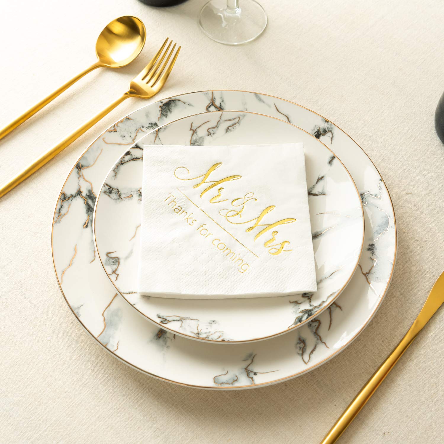 Crisky Napkins Mr and Mrs Gold Cocktail Beverage Dessert for Wedding Shower Engagement Party Decorations, Cake Table Decor Supplies. 100 Pcs, 3-Ply