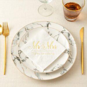 Crisky Napkins Mr and Mrs Gold Cocktail Beverage Dessert for Wedding Shower Engagement Party Decorations, Cake Table Decor Supplies. 100 Pcs, 3-Ply