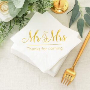 Crisky Napkins Mr and Mrs Gold Cocktail Beverage Dessert for Wedding Shower Engagement Party Decorations, Cake Table Decor Supplies. 100 Pcs, 3-Ply