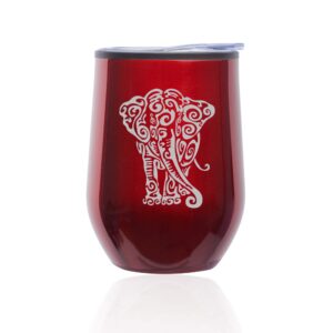 stemless wine tumbler coffee travel mug glass with lid tribal elephant (red)