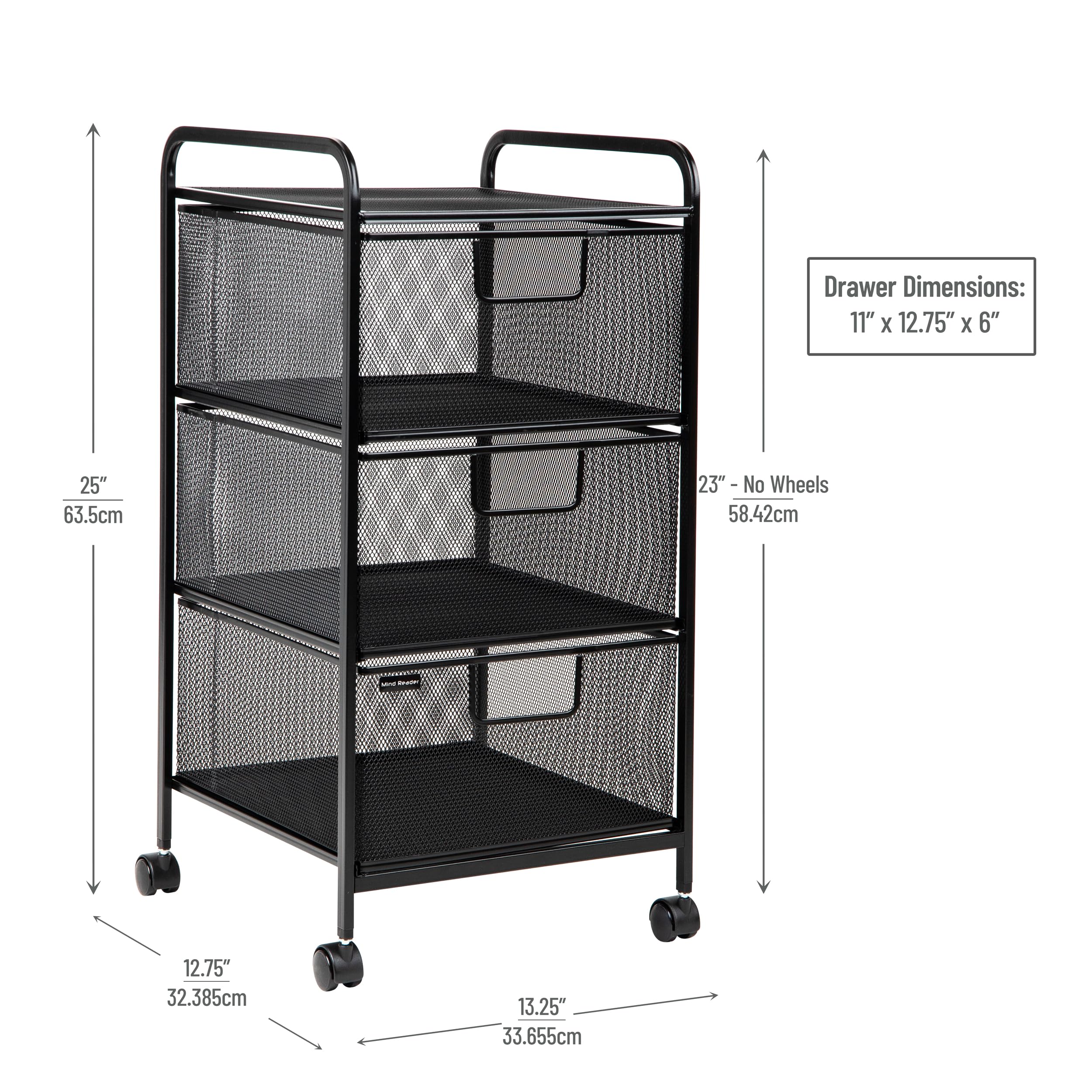 Mind Reader Rolling Storage Cart, Removable Drawers, Desk and Bathroom Organizer, Metal Mesh, 12.75"L x 13.25"W x 25"H, Black