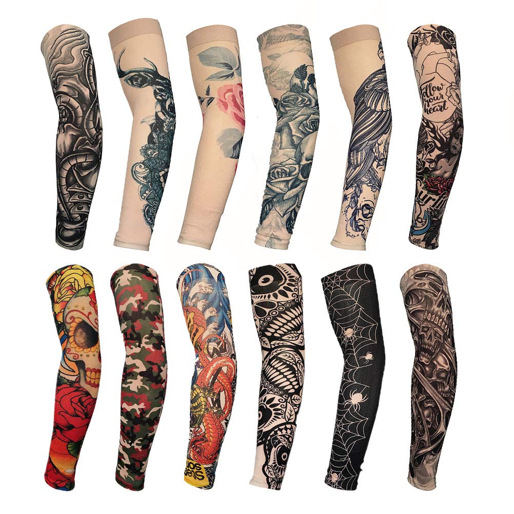 HOVEOX 12 Pcs Temporary Tattoo Sleeves Set Body Art Arm Stockings Protector Arts Fake Halloween Tattoo for Men Women