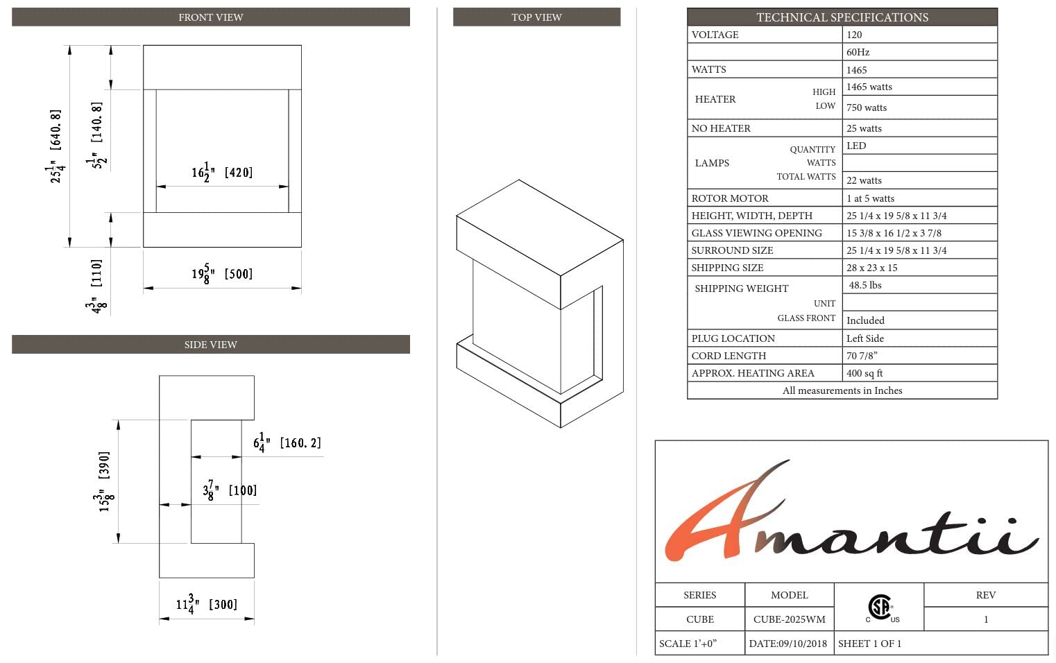 Amantii Stylish Cube 3-Sided Electric Fireplace