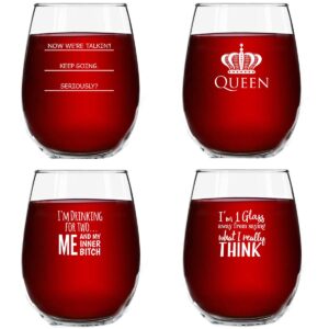 funny stemless wine glasses set of 4 (15 oz)- funny novelty wine glassware gift for women- party, event, hosting fun- wine lover wine glass with funny sayings