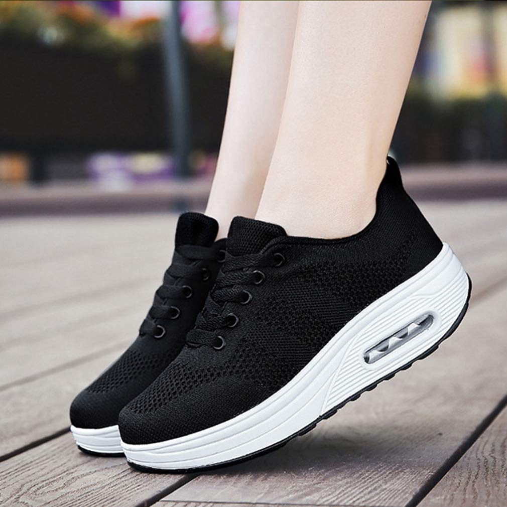 Women's Wedge Sneakers Breathable Mesh Thick Sole Lace Up Comfort Tennis Walking Shoes Black