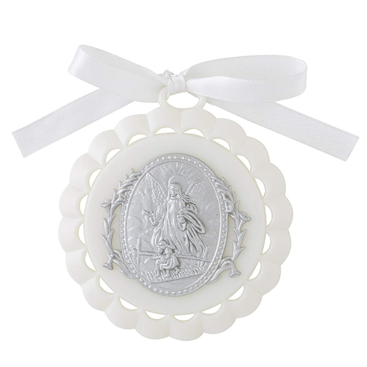 Moulded Crib Medal with Guardian Angel for Baby Nursery Room Decor, 3 1/4 Inch (White)