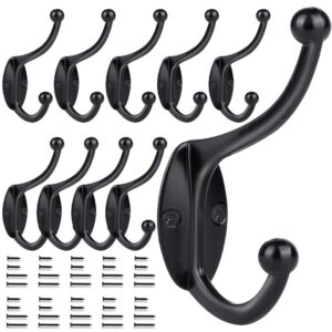 e-senior 10 pack coat rack hooks for entryway hanging towels clothes robes double-prong farmhouse rustic diy wall mounted decorative hanger with screws (black)