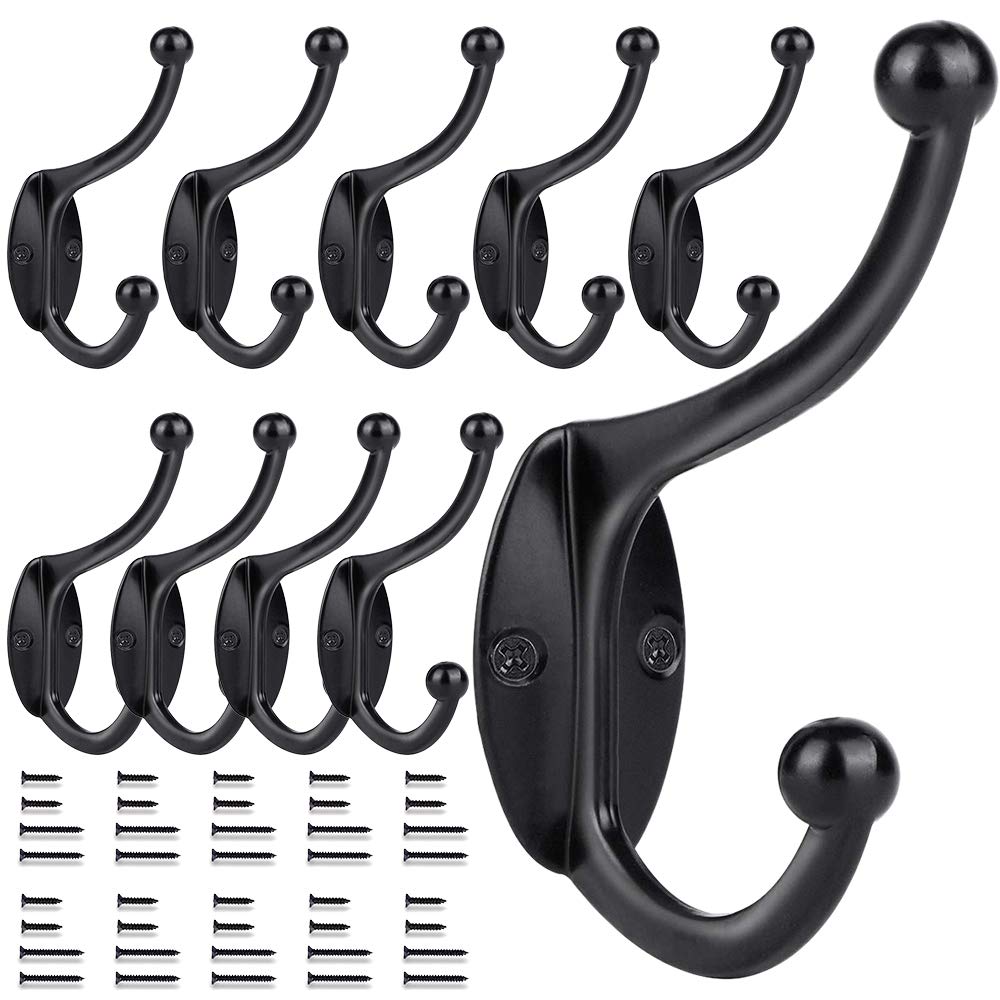 E-Senior 10 Pack Coat Rack Hooks for Entryway Hanging Towels Clothes Robes Double-Prong Farmhouse Rustic DIY Wall Mounted Decorative Hanger with Screws (Black)