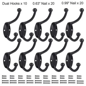 E-Senior 10 Pack Coat Rack Hooks for Entryway Hanging Towels Clothes Robes Double-Prong Farmhouse Rustic DIY Wall Mounted Decorative Hanger with Screws (Black)