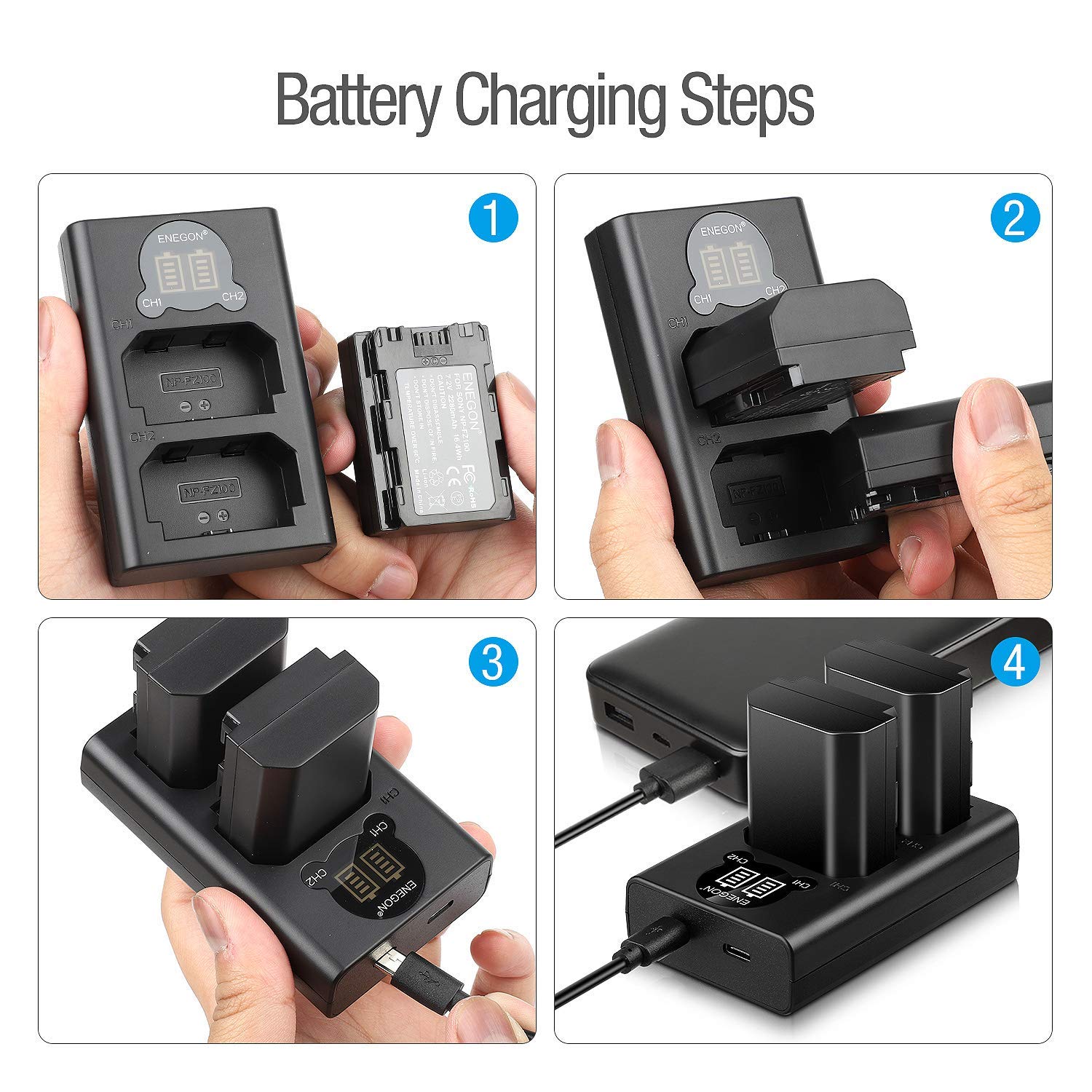 ENEGON NP-FZ100 Battery Replacement and A7iii Battery Charger for Sony A7 III, Sony Alpha A7R III, A7R IV, A9, A6600, Alpha 9, Alpha 9S, A9S, A7III, A7R3, A7S III, A7R4 Camera Batteries, 2 Packs