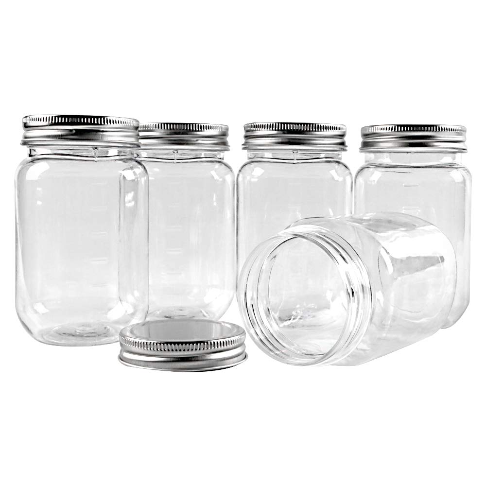 novelinks 16 Ounce Clear Plastic Jars Containers With Screw On Lids - Refillable Round Empty Plastic Slime Storage Containers for Kitchen & Household Storage - BPA Free (20 Pack)