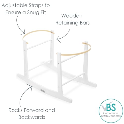 Clair de Lune | Rocking Moses Basket Stand | Fits Wicker & Palm Moses Baskets | Newborn Baby Bassinet Stands |Sturdy Wooden Structure with Adjustable Straps | Conforms to BS EN 1466:2014 (White)