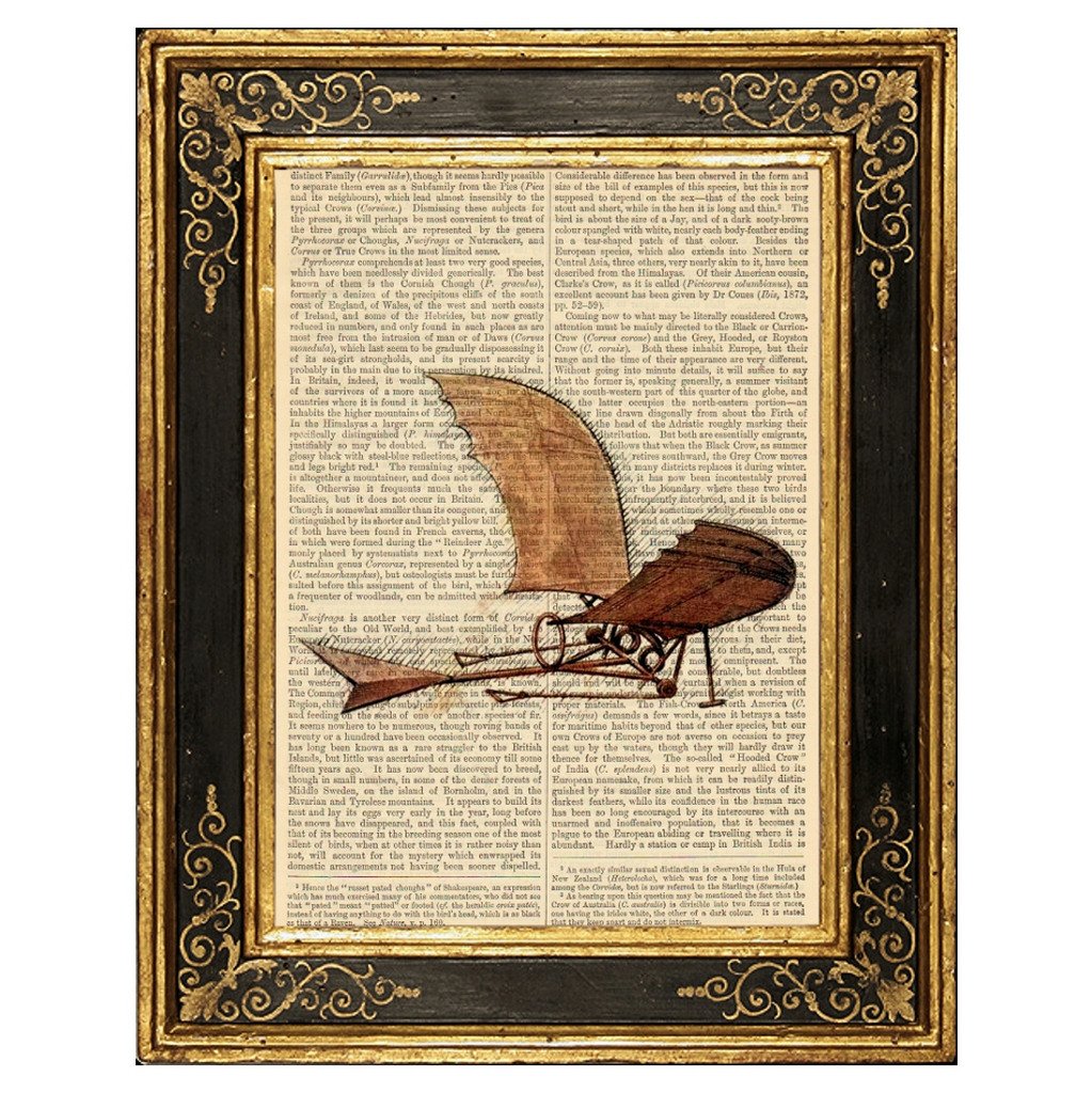 Da Vinci Flying Machine Glider Design Upcycled Vintage Book Page Art Print 8x10 Unframed