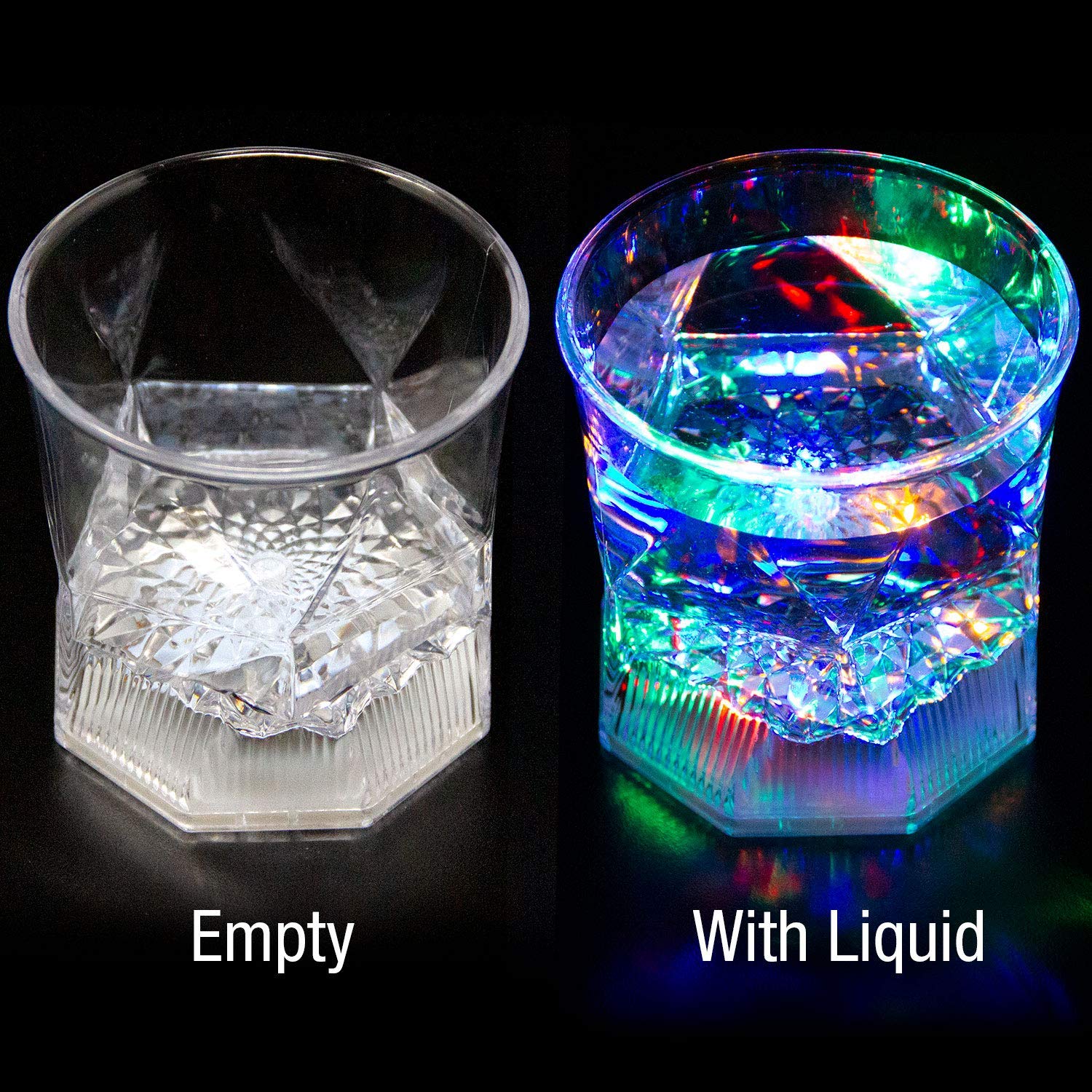 Liquid Activated Multicolor LED Old Fashioned Glasses ~ Fun Light Up Drinking Tumblers - 10 oz. - Set of 4