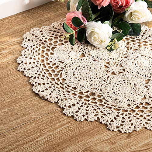 Eiyye 2-Pieces Handmade Cotton Crochet Doilies Oval Lace Table Placemats 12 x17inch, Beige