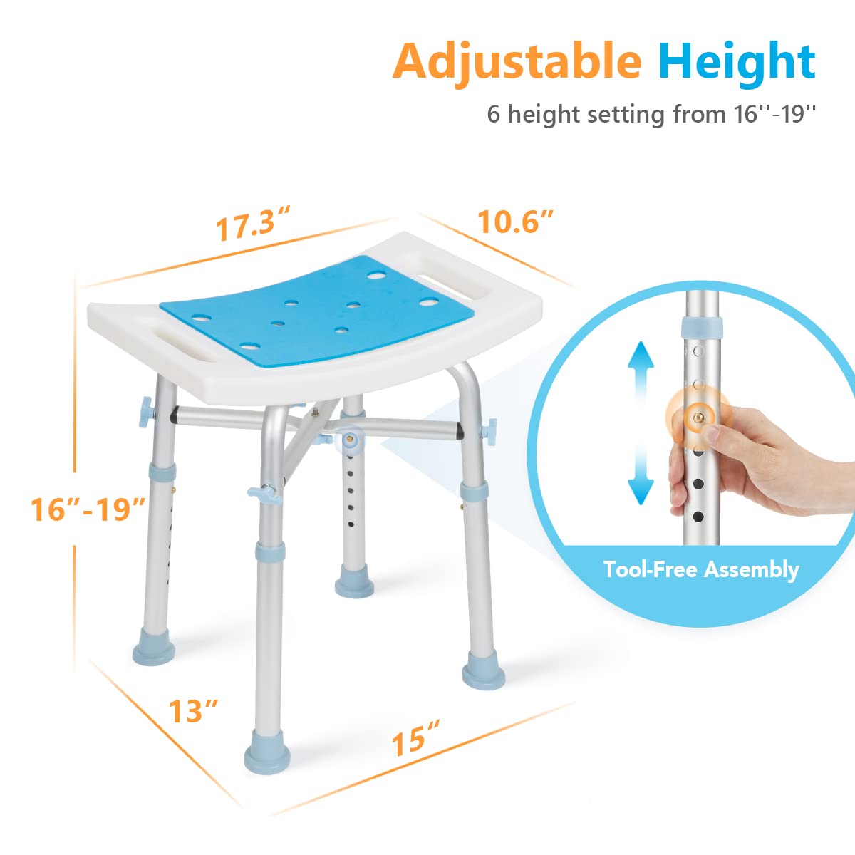 OasisSpace Heavy Duty Shower Chair 500lb, Padded Bath Seat with 6 Height Adjustable Tube - Tool Free Anti-Slip Shower Bench Bathtub Stool Seat for Inside Shower