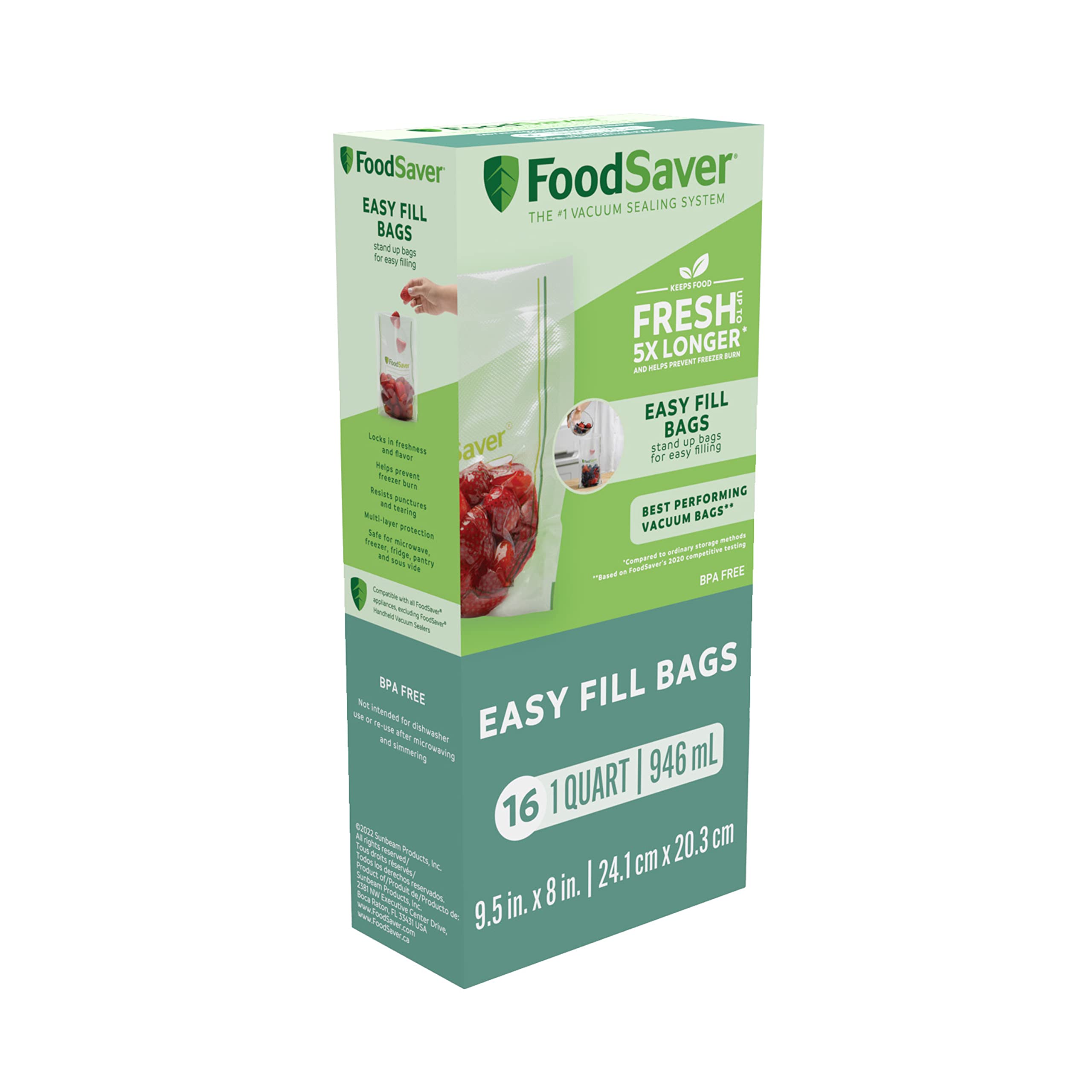 FoodSaver Easy Fill 1-Quart Vacuum Sealer Bags | Commercial Grade and Reusable | 16 Count, Clear