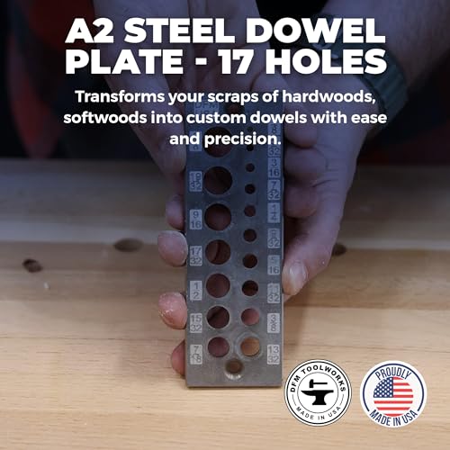 DFM Tool Works Doweling Tool - Premium Dowel Maker Tool, Versatile Dowel Plate, High-Grade A2 Steel for Woodworking, Made in USA - English 17 Holes, Multi-Size