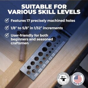 DFM Tool Works Doweling Tool - Premium Dowel Maker Tool, Versatile Dowel Plate, High-Grade A2 Steel for Woodworking, Made in USA - English 17 Holes, Multi-Size