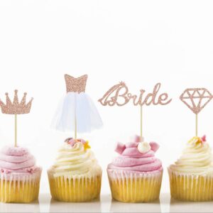 32 rose gold glitter bride to be cupcake toppers with diamond,crown,bride,3d tulle dress cupcake toppers for bridal shower supplies, wedding engagement, bachelorette party decorations