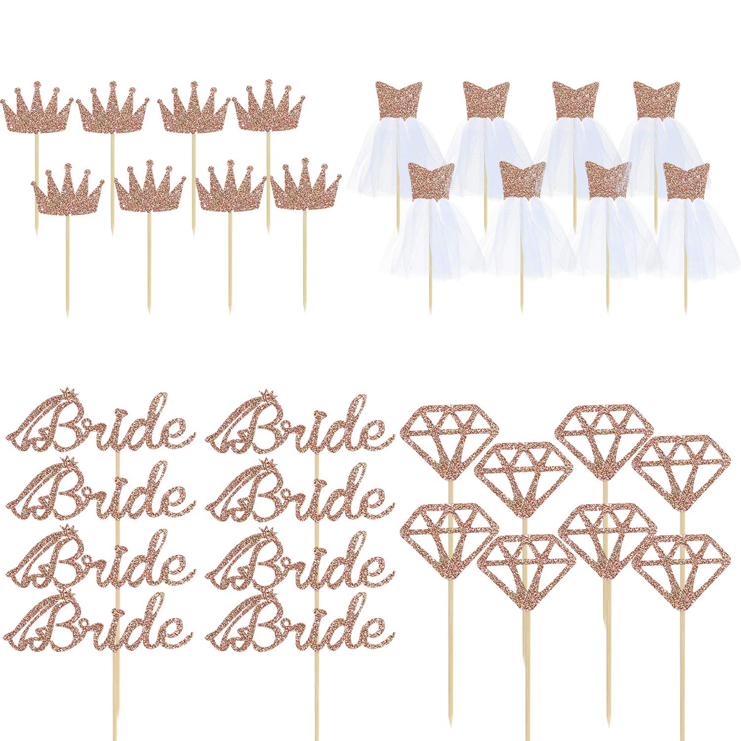 32 Rose Gold Glitter Bride To Be Cupcake Toppers with Diamond,Crown,Bride,3D Tulle Dress Cupcake Toppers for Bridal Shower Supplies, Wedding Engagement, Bachelorette Party Decorations