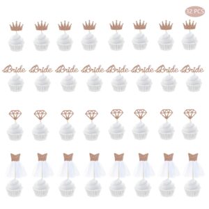 32 Rose Gold Glitter Bride To Be Cupcake Toppers with Diamond,Crown,Bride,3D Tulle Dress Cupcake Toppers for Bridal Shower Supplies, Wedding Engagement, Bachelorette Party Decorations