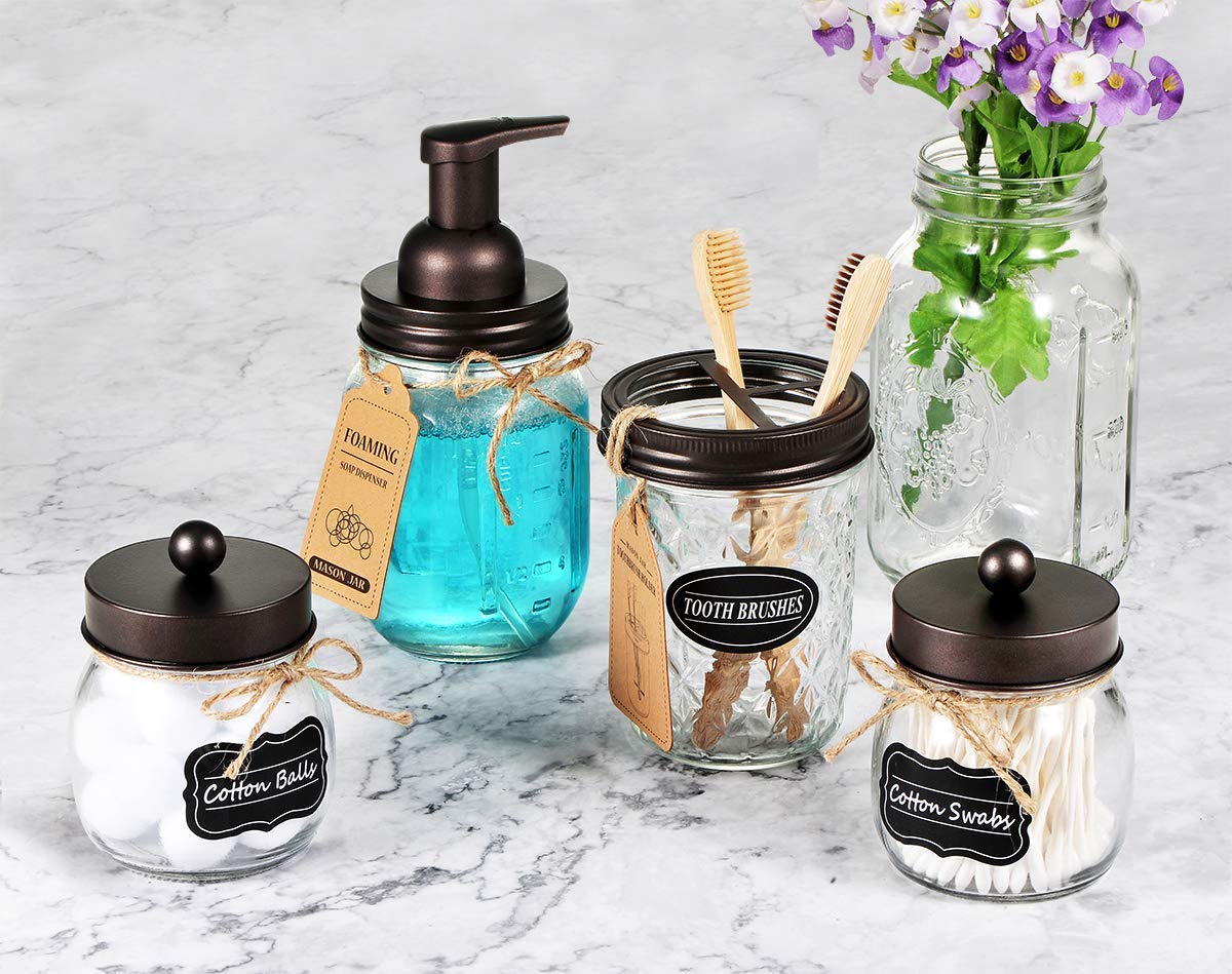 Mason Jar Foaming Soap Dispenser Lids -Bronze -Rustproof Stainless Steel Lid/Plastic Pump,with Waterproof Chalkboard Labels Stickers - Rustic Farmhouse Décor Bronze Bathroom Acces-sories/Bronze