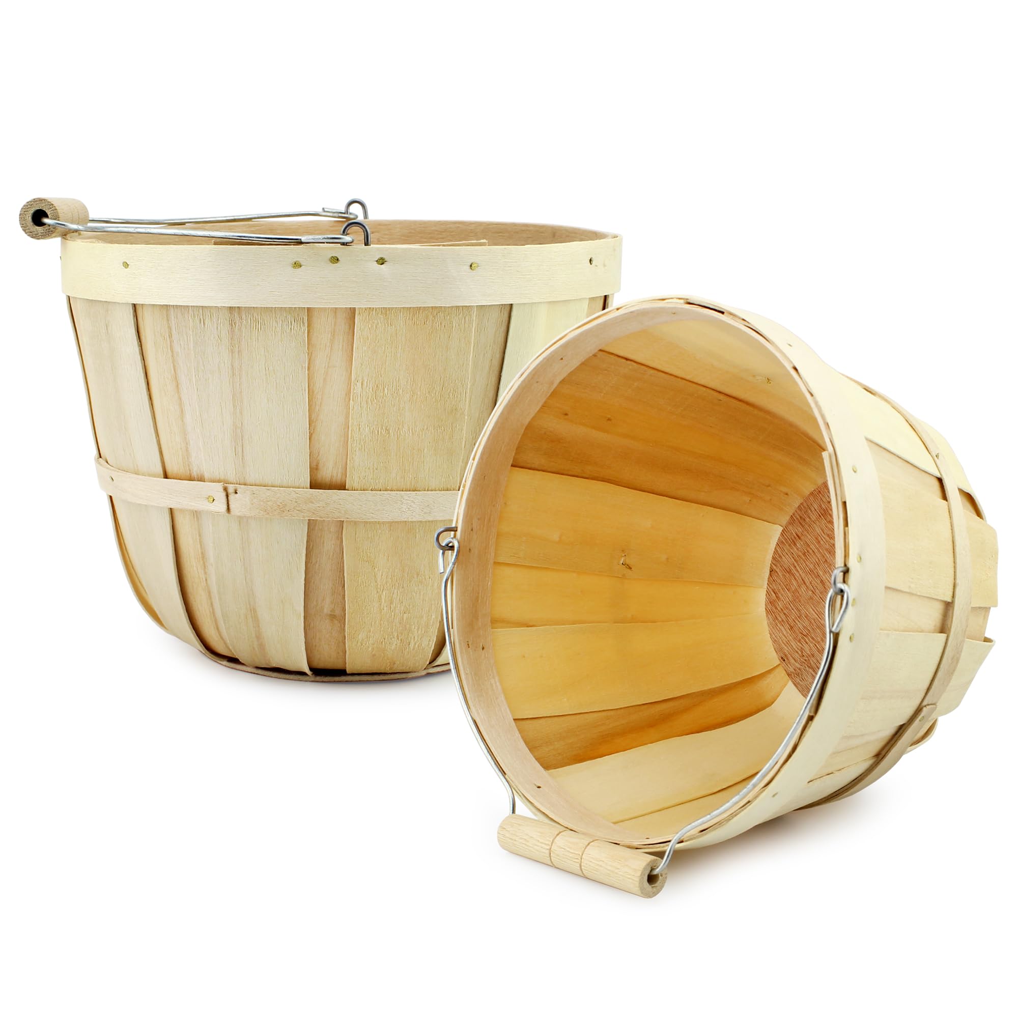 Cornucopia Round Wooden Baskets (2-Pack, Natural); Wood Fruit Buckets with Handle, 4-Quart Capacity; 6.1 Inch Tall by 8 Inch Diameter