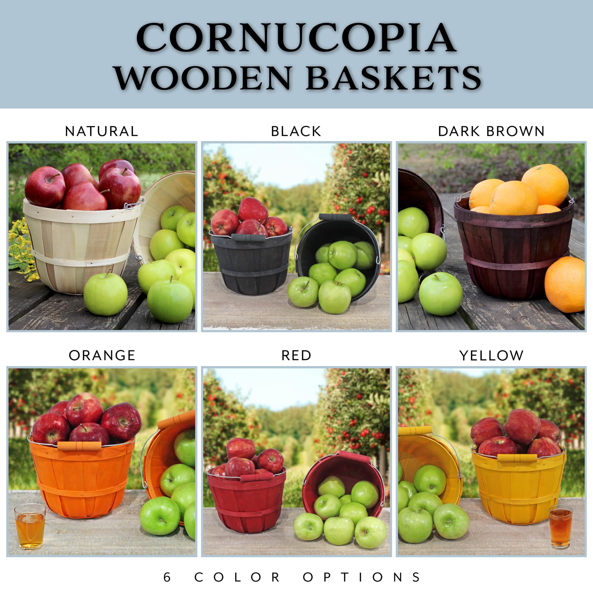 Cornucopia Round Wooden Baskets (2-Pack, Natural); Wood Fruit Buckets with Handle, 4-Quart Capacity; 6.1 Inch Tall by 8 Inch Diameter