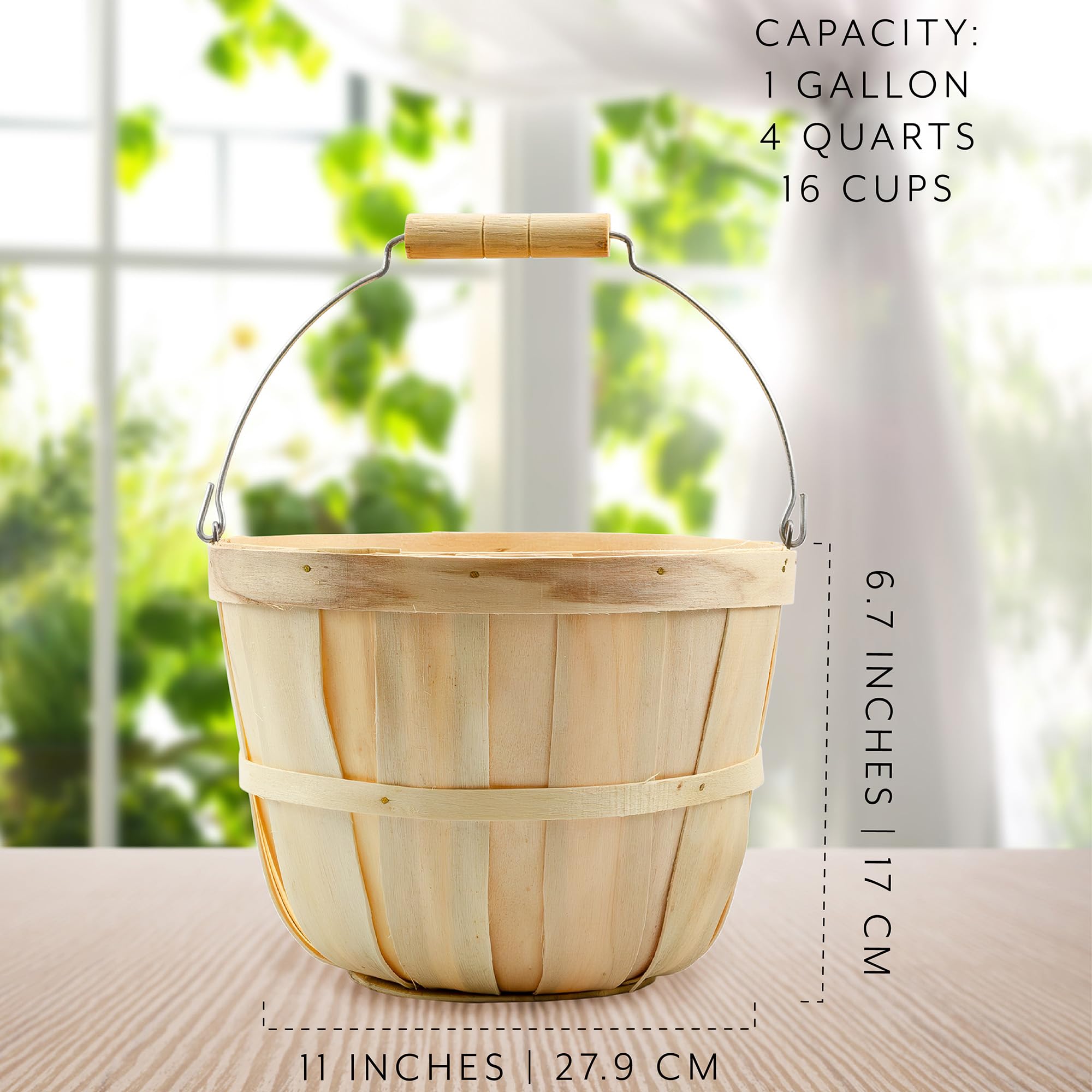 Cornucopia Round Wooden Baskets (2-Pack, Natural); Wood Fruit Buckets with Handle, 4-Quart Capacity; 6.1 Inch Tall by 8 Inch Diameter