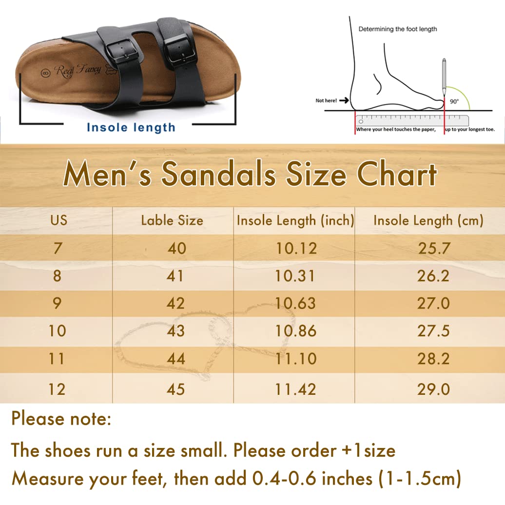 Real Fancy Men's Cork Footbed Sandals with Two Adjustable Buckle Straps - Slip on Summer Slide Sandals for men, Arch Support (Size 7)